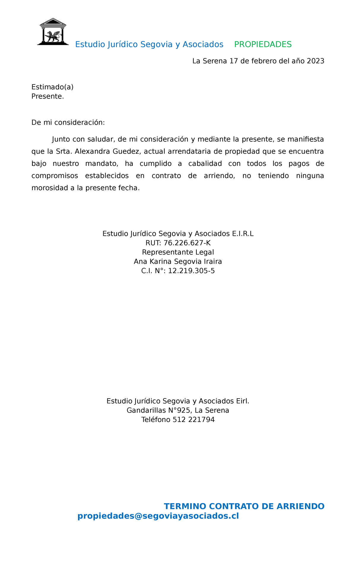 Termino de contrato, carta aviso - Estudio Jurídico Segovia y Asociados ...