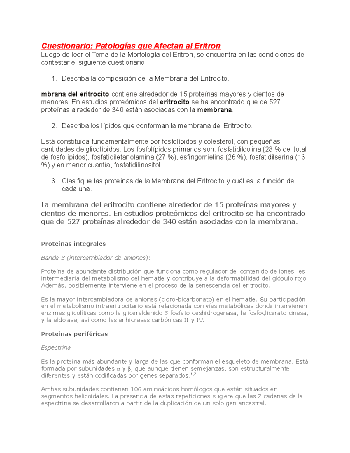 Patologías del Eritron - Cuestionario: Patologías que Afectan al ...