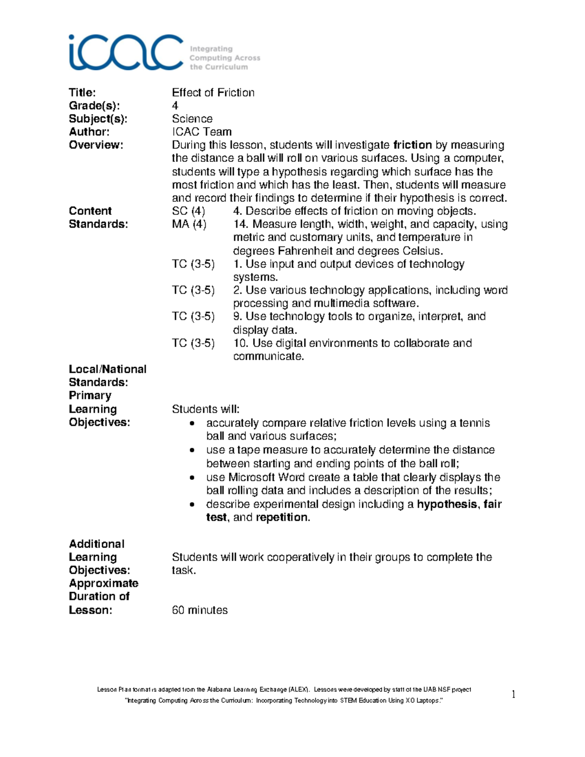 Effect of Friction - Lesson Plan format is adapted from the Alabama ...