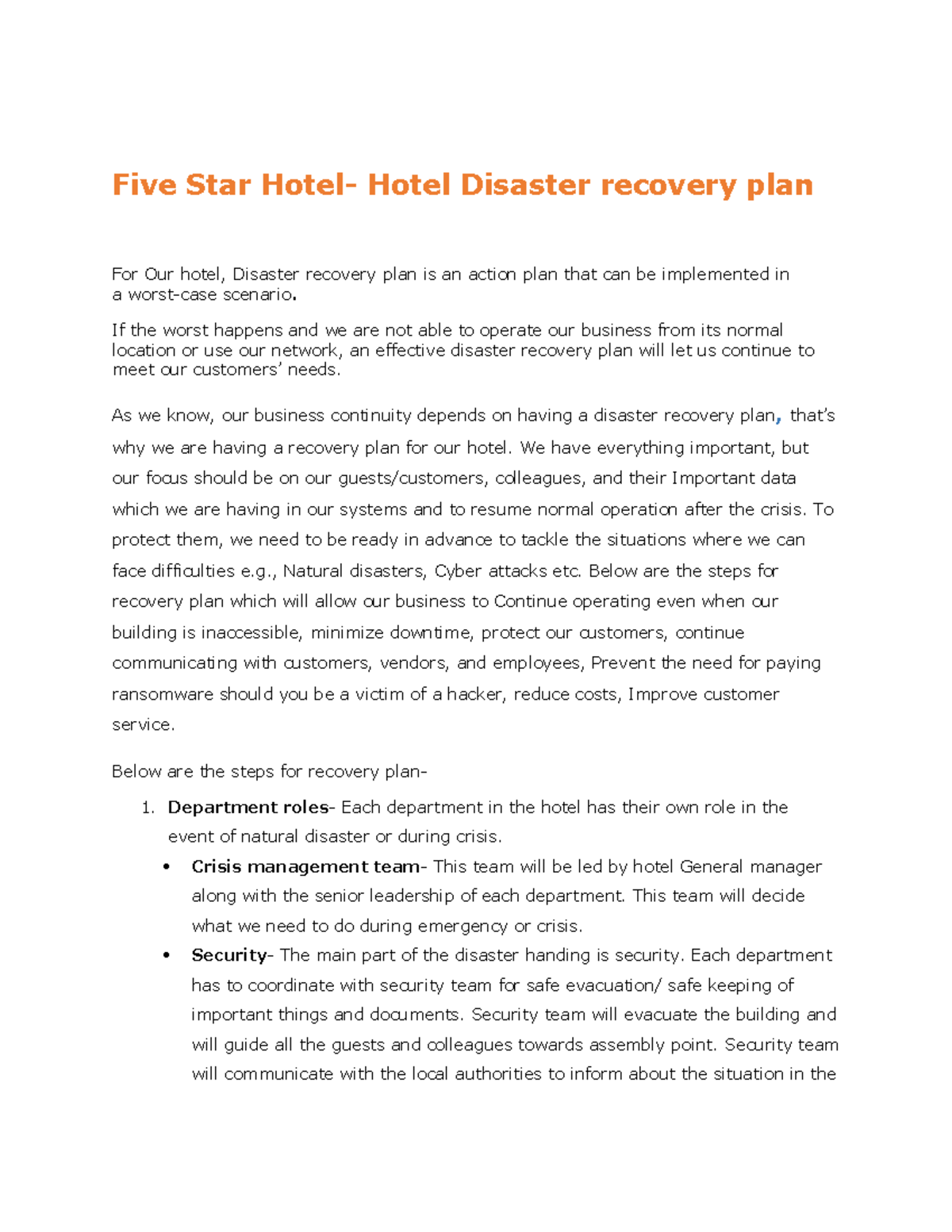 Five star hotel Recovery Plan assignment - Five Star Hotel- Hotel ...