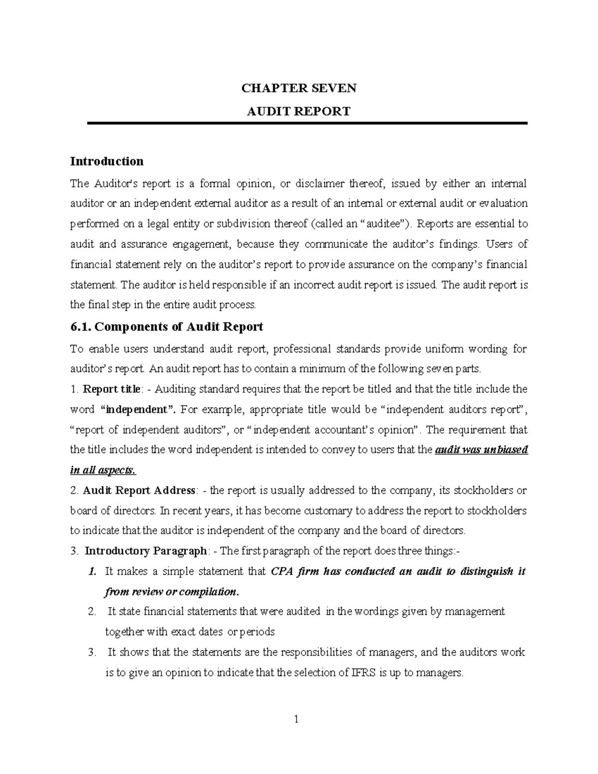 Audit 1 CH 7 audit report - CHAPTER SEVEN AUDIT REPORT Introduction The ...