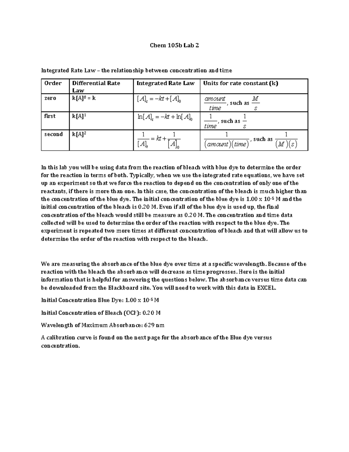 Lab 2 Worksheet - Chem 105b Lab 2 Integrated Rate Law – the ...