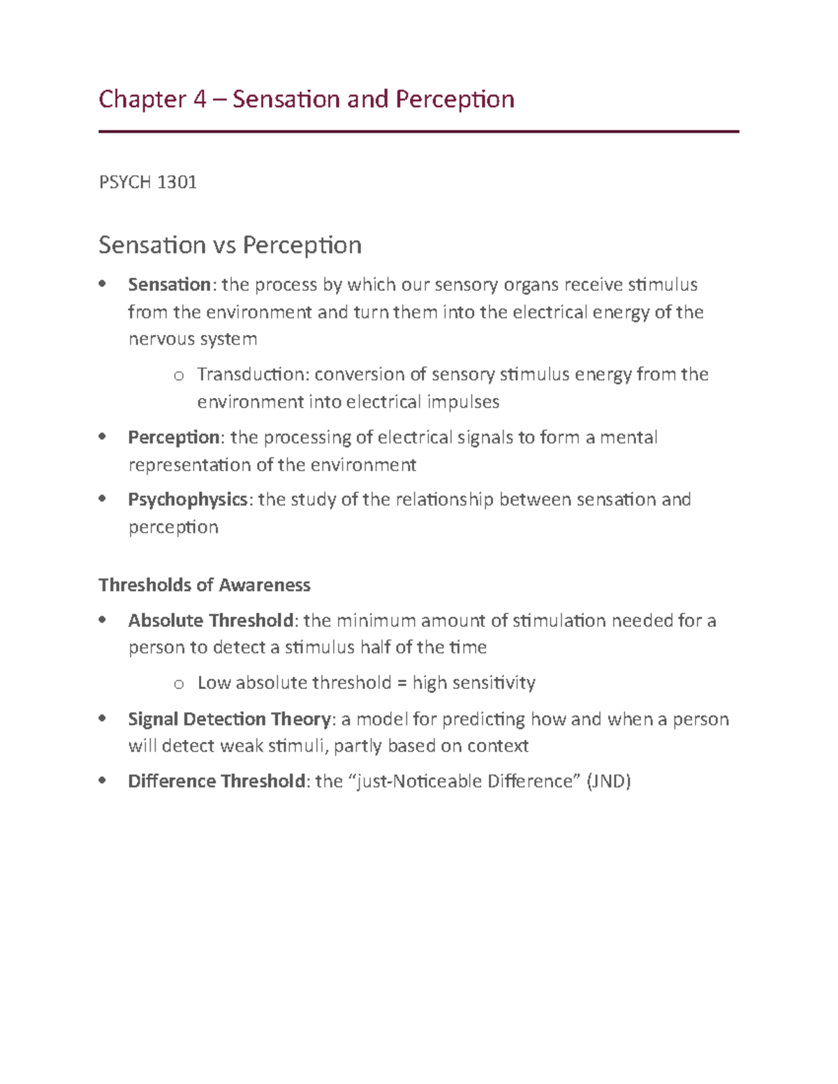Chapter 4 - Sensation and Perception - Chapter 4 – Sensation and ...