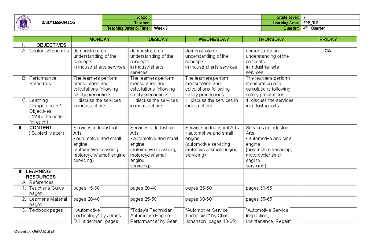 EPP TLE Q4 3 - BSED TLE - DAILY LESSON LOG School: Grade Level: 7 Teacher: Learning Area: EPP ...