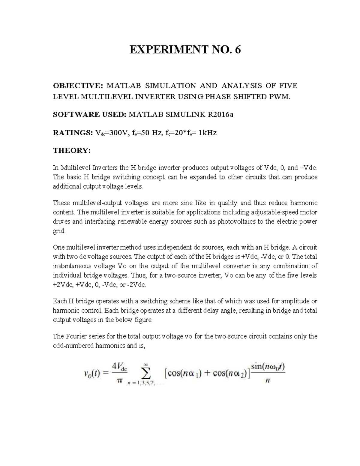 Multilevel Inverter - EXPERIMENT NO. 6 OBJECTIVE: MATLAB SIMULATION AND ...