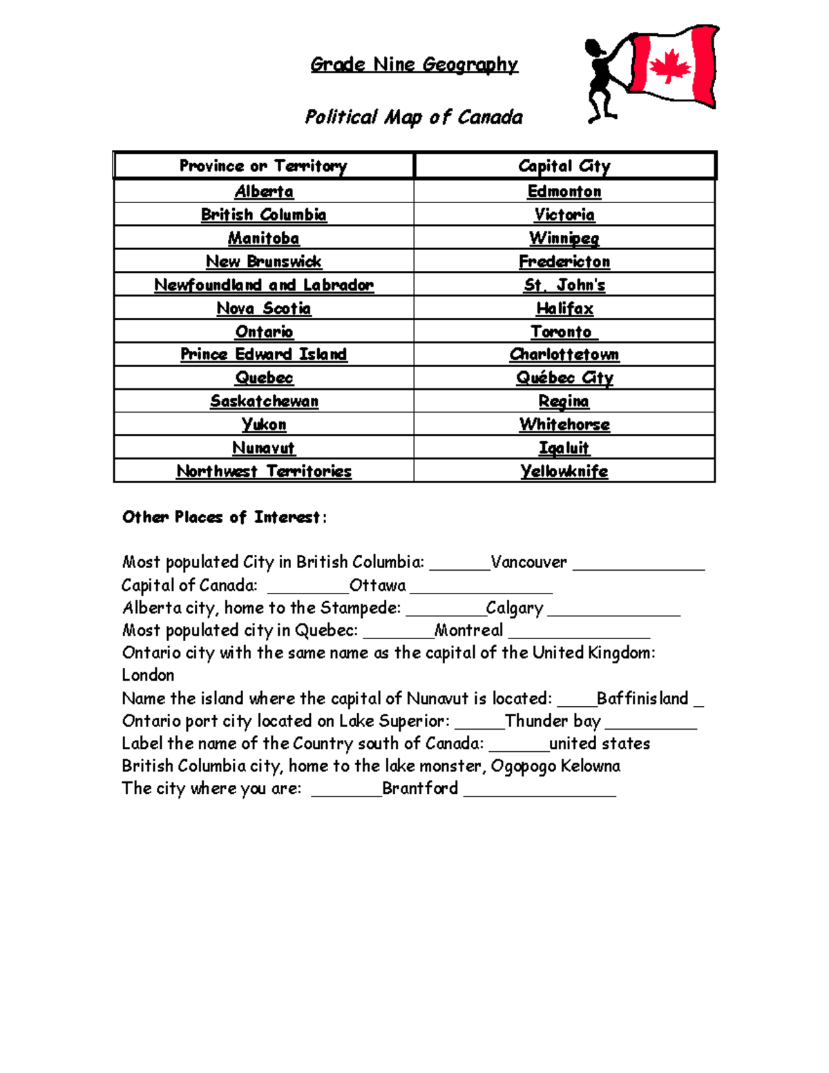 3c Canadian Map Atlas handout - Grade Nine Geography Political Map of ...