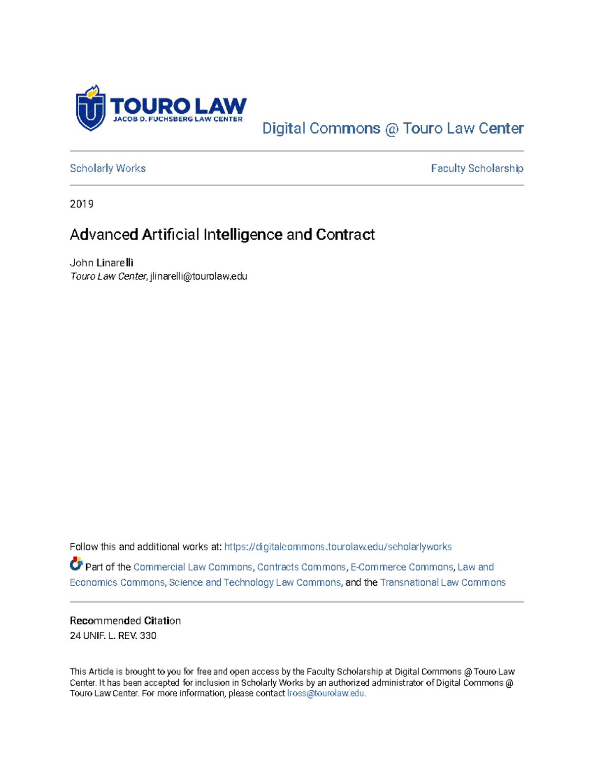 Advanced Artificial Intelligence and Contract - Digital Commons @ Touro ...