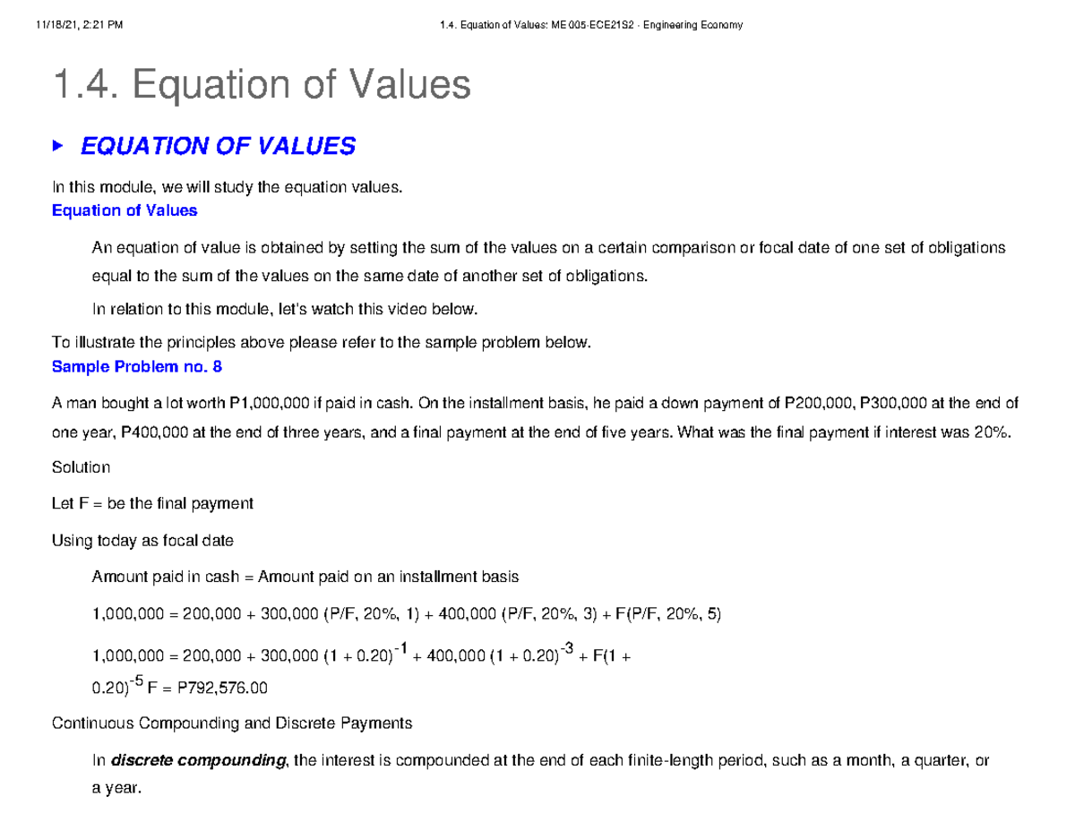 ME 005-1.4. Equation of Values - Engineering Economy - TIP - Studocu