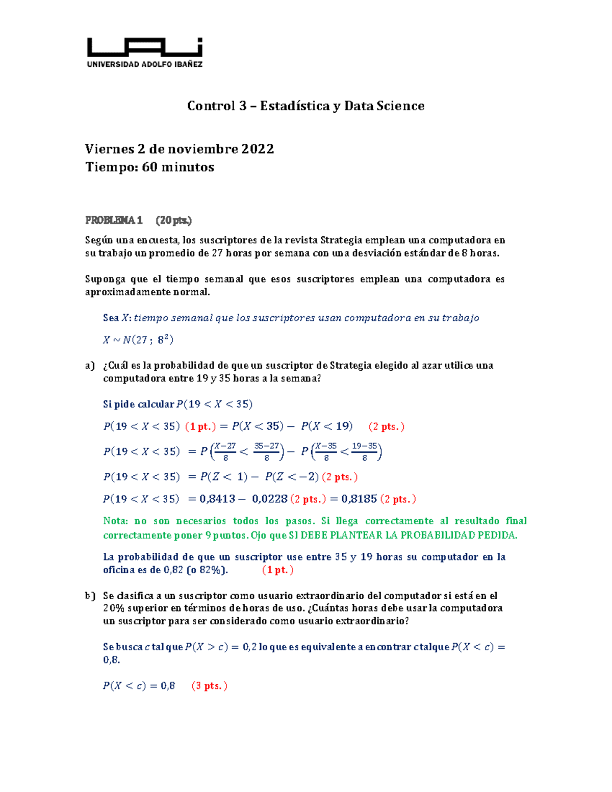 Pauta Control 3 - Control 3 – Estadística y Data Science Viernes 2 de noviembre 2022 Tiempo: 60 ...