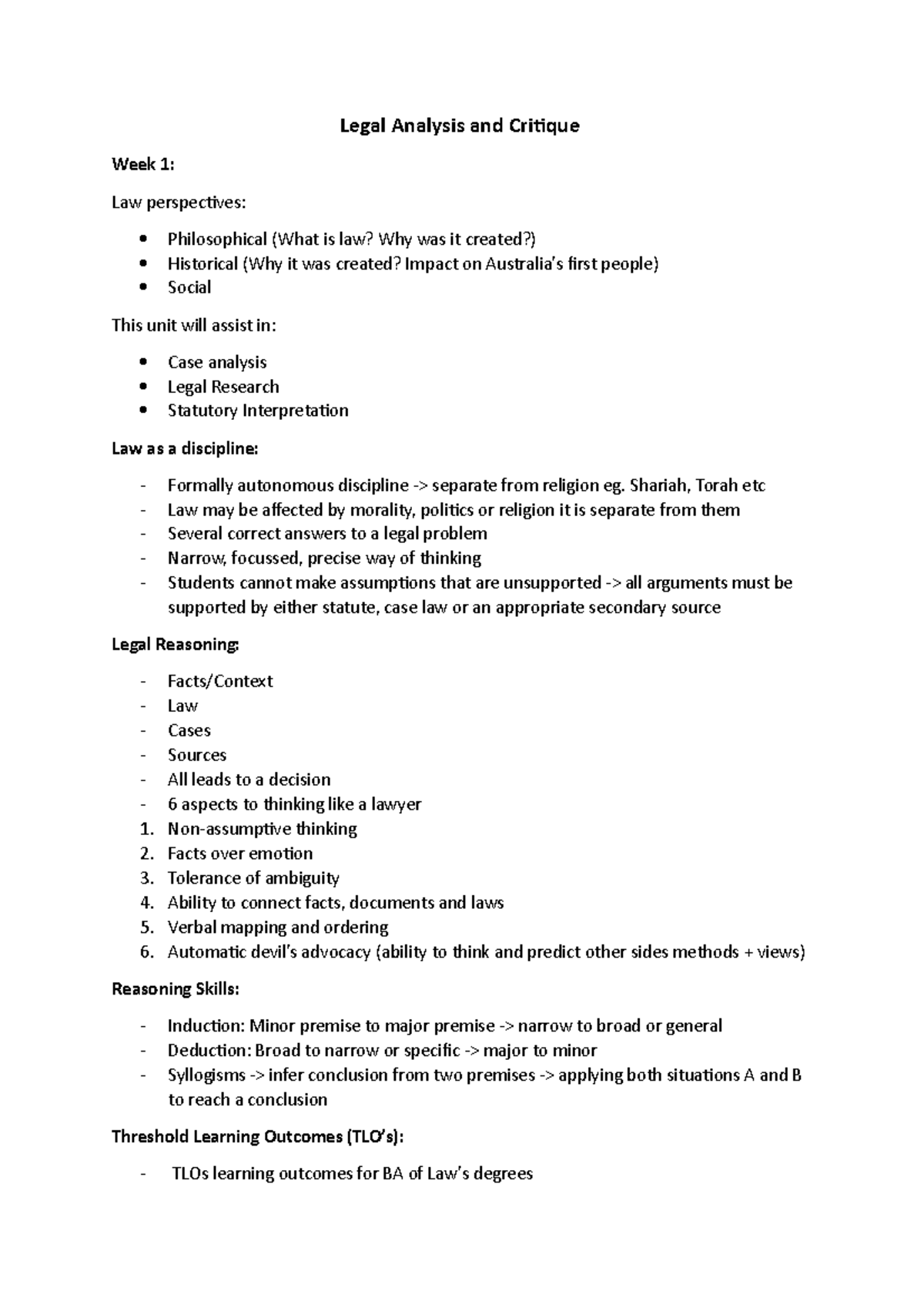 LAC weekly summary notes - Legal Analysis and Critique Week 1: Law ...