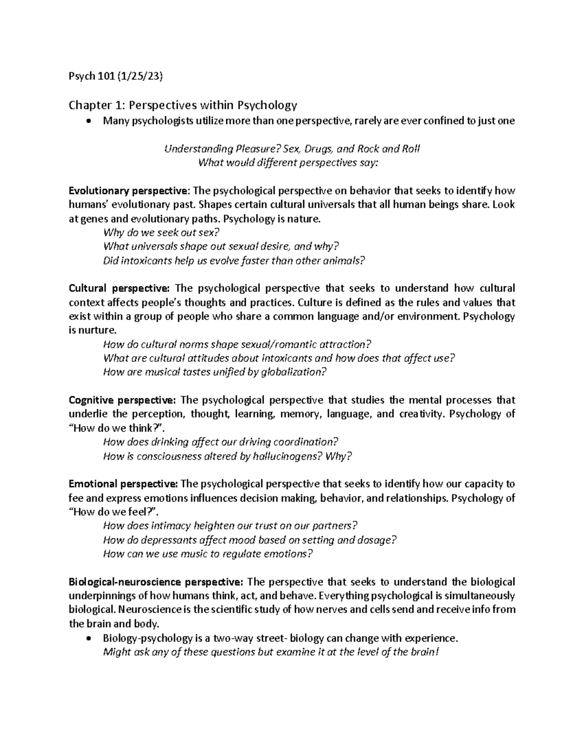 Psyc 101 Chapter 1 - Psych 101 (1/25/23) Chapter 1: Perspectives within ...