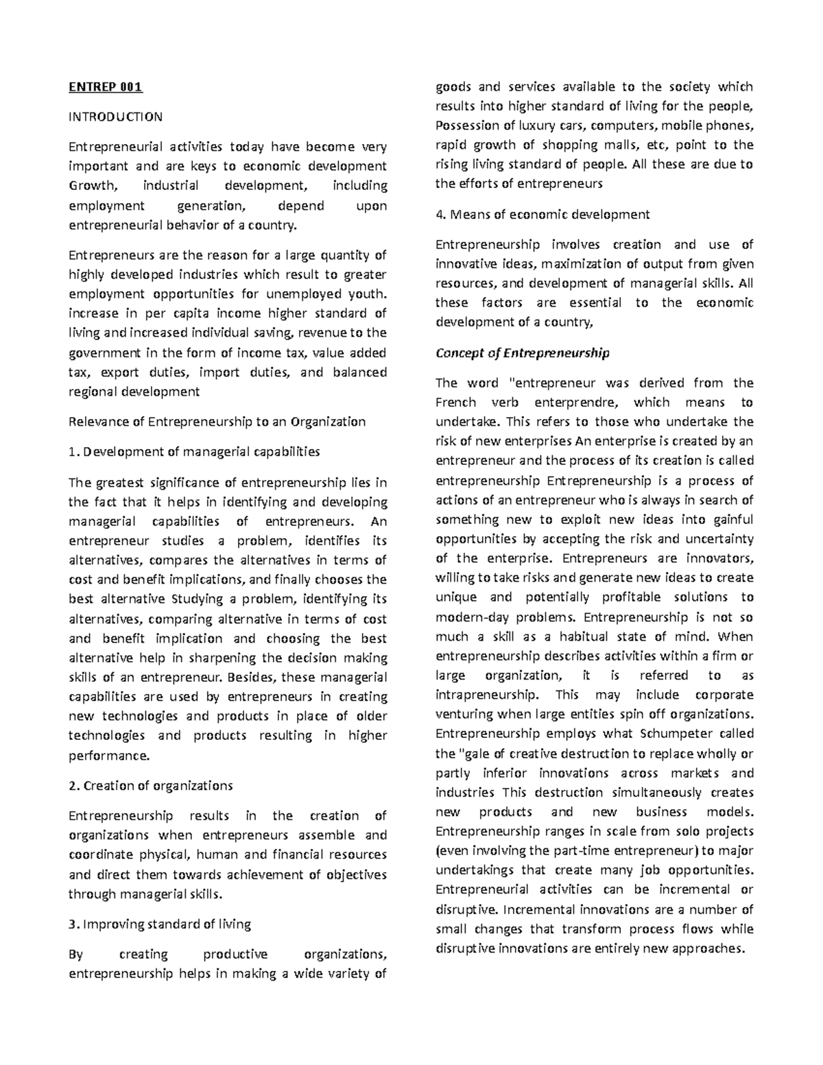 Entrep 001 - ENTREP 001 INTRODUCTION Entrepreneurial activities today ...