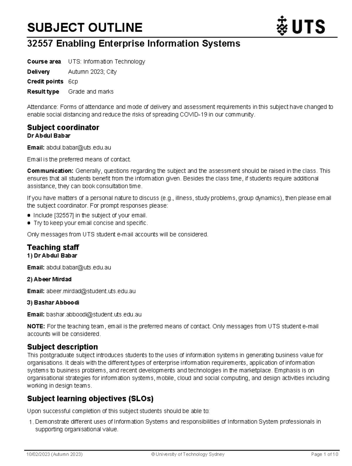 32557 - Subject Outline - SUBJECT OUTLINE 32557 Enabling Enterprise ...