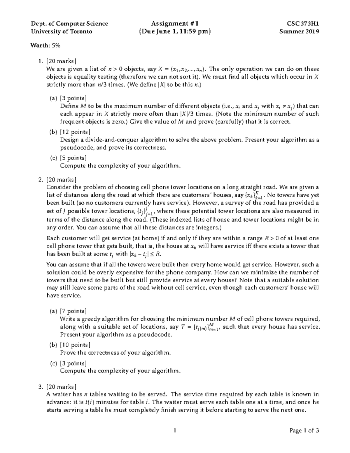 CSC373 Assignment 1 - Dept. of Computer Science University of Toronto Assignment # 1 (Due June 1 ...