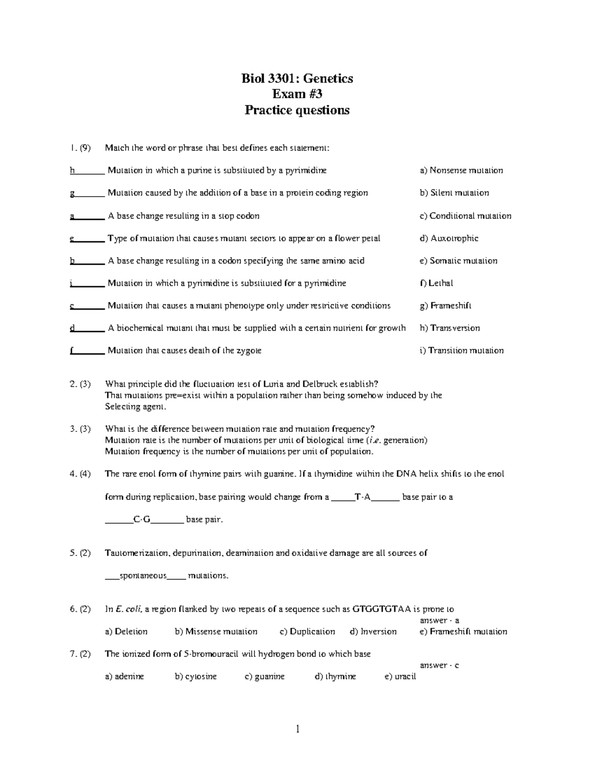 Oldexam 3 - Practice questions - Biol 3301: Genetics Exam Practice ...