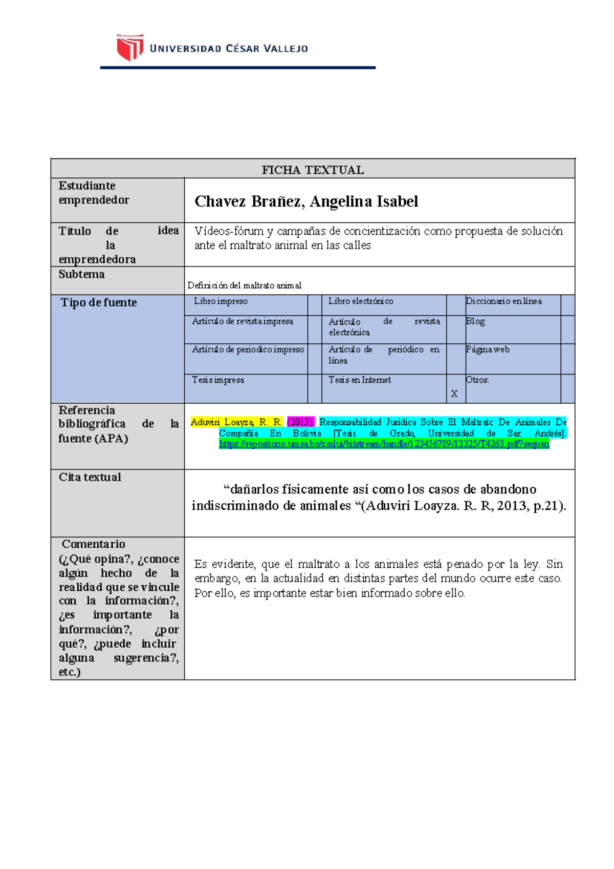 Citas Textuales DE C - FICHA TEXTUAL Estudiante emprendedor Chavez ...