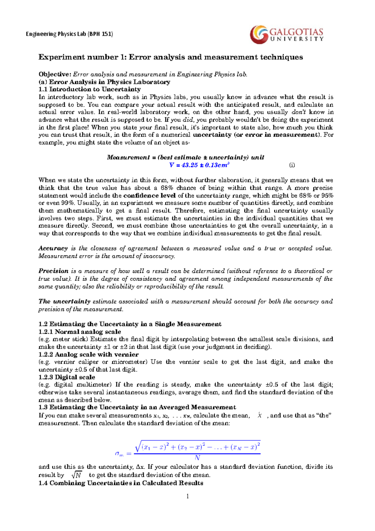Physics lab manual Complete Galgotias University - Experiment number 1 ...