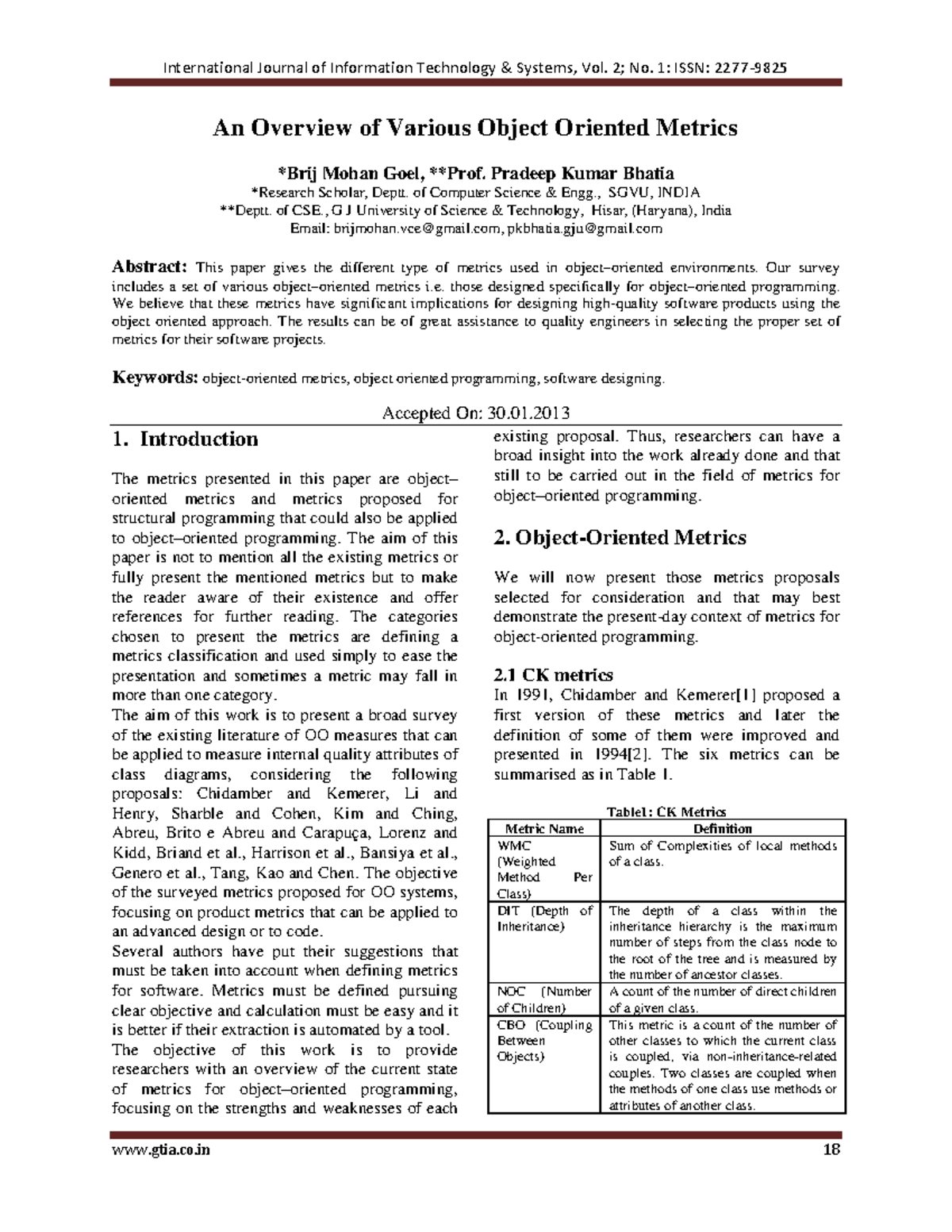 An Overview of Various Object Oriented M - An Overview of Various Object Oriented Metrics *Brij ...