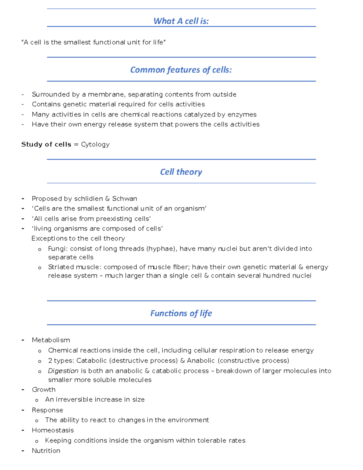 Cells (Unit 1) - Lecture notes 1 - What A cell is: “A cell is the ...