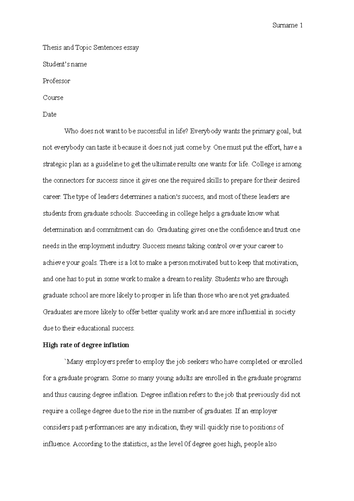 GRAD - Report - Thesis and Topic Sentences essay Student’s name ...