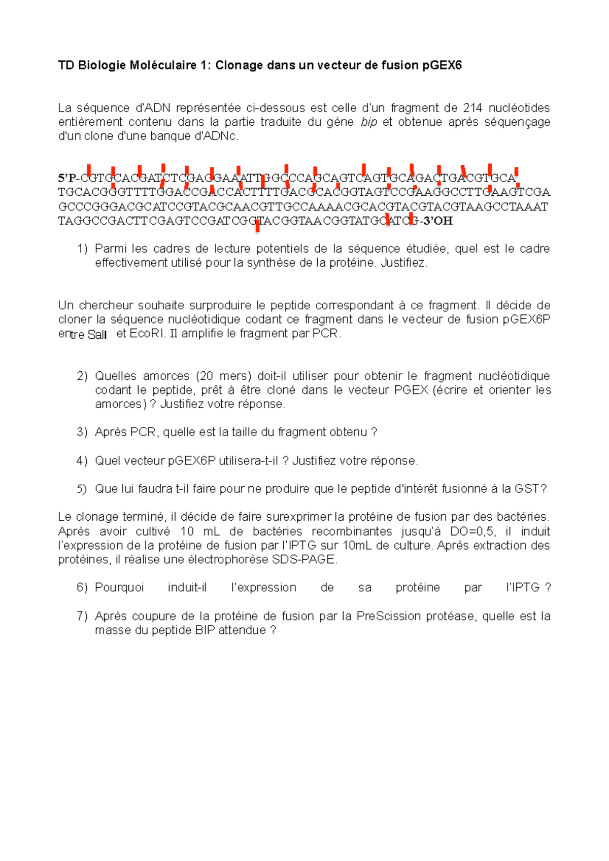 TD FB N°2 (22nov-1dec) - fascicule du td - TD Biologie Moléculaire 1 ...