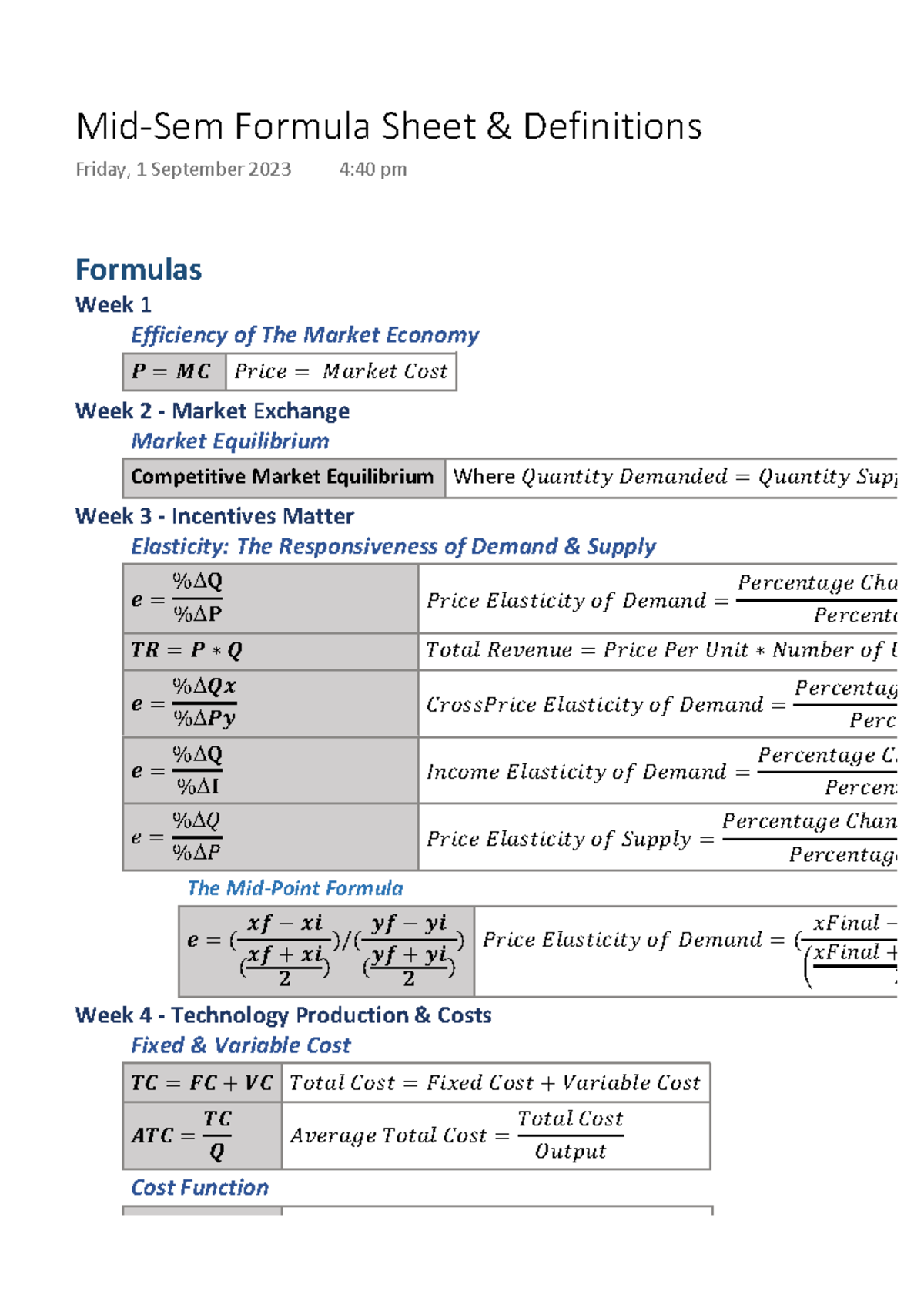 Mid Sem Economics formulas - Formulas Week 1 Efficiency of The Market ...