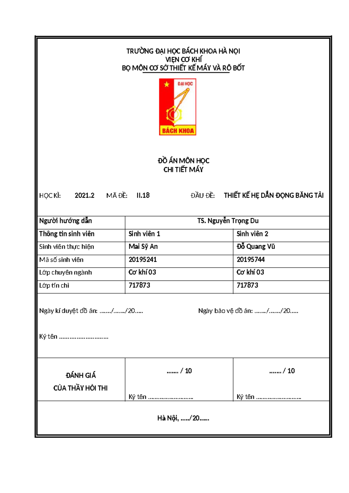 ThuyếT-MINH-ĐỒ-ÁN-CTM-II18-2 - TRƯỜNG ĐẠI HỌC BÁCH KHOA HÀ NỘI VIỆN CƠ ...