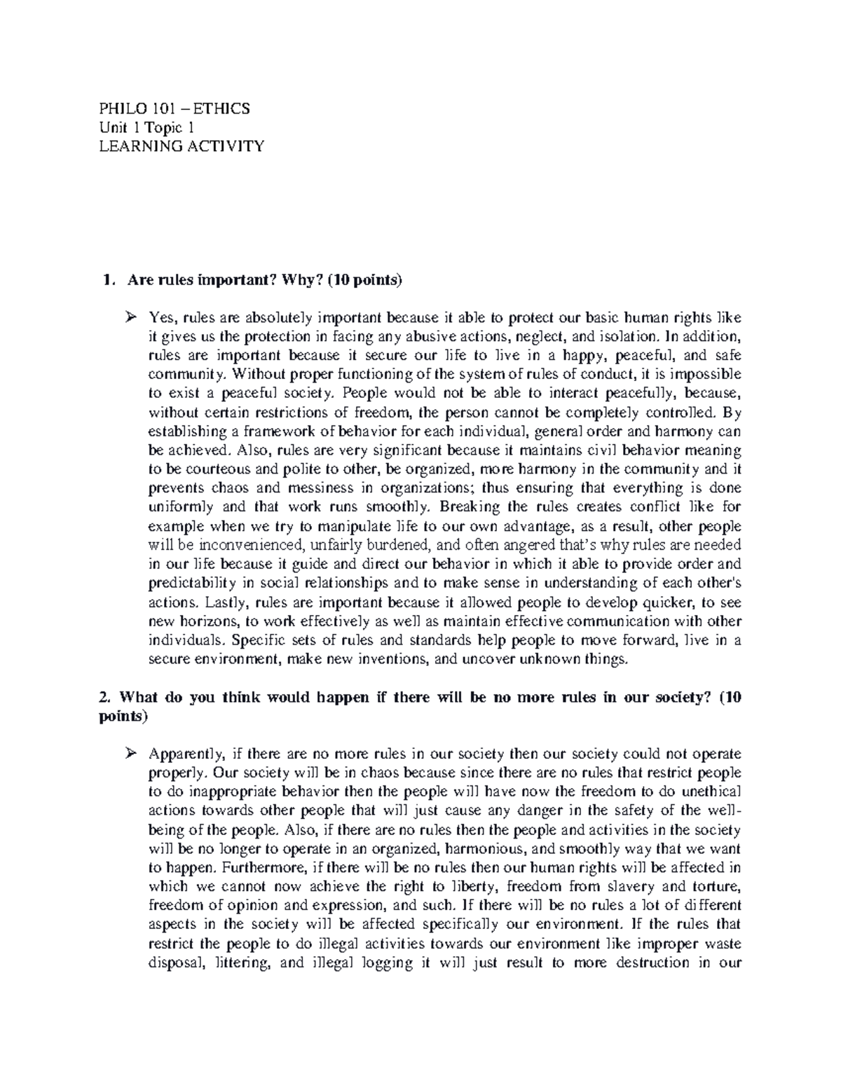 Philo learning activity U1 T1 - PHILO 101 – ETHICS Unit 1 Topic 1 ...