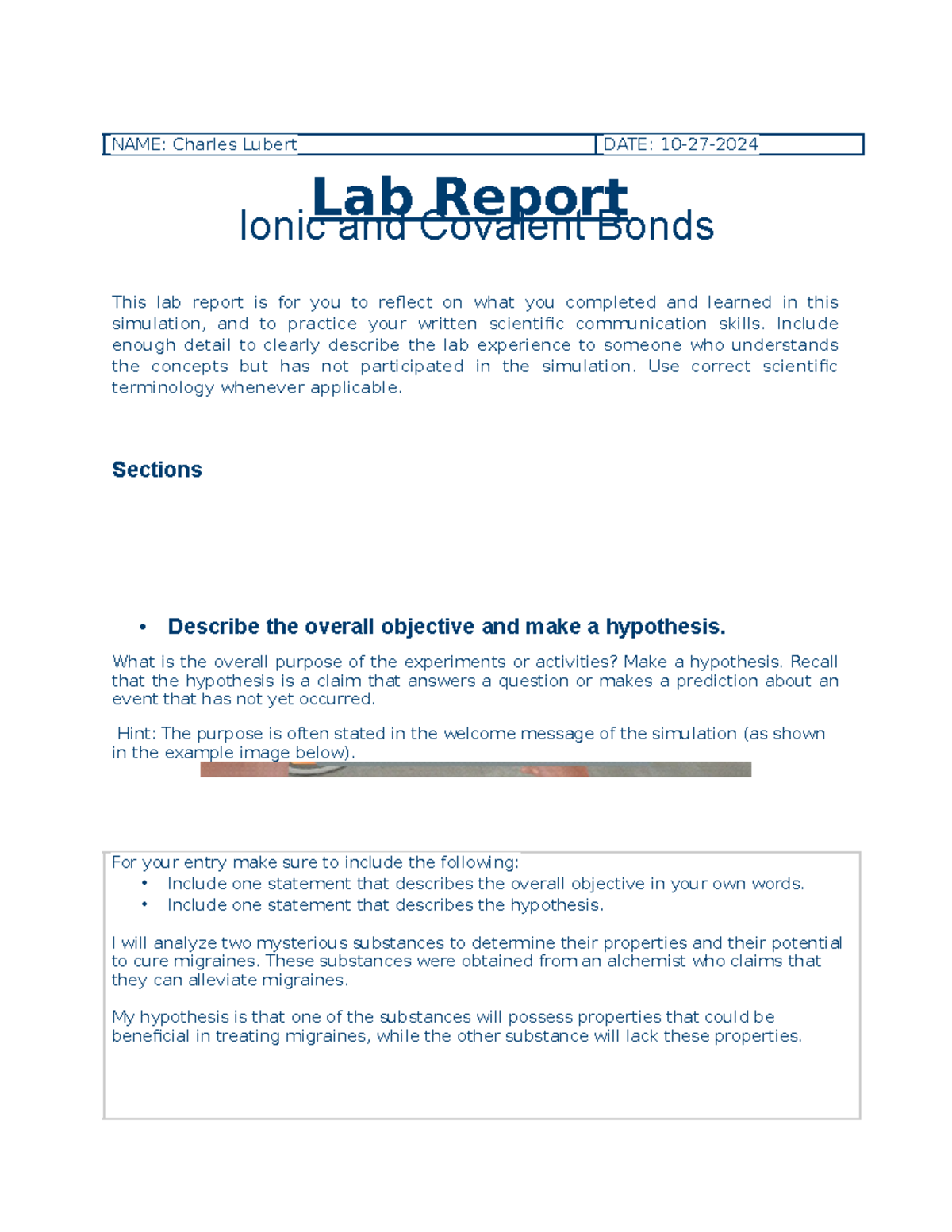 Lab Report Ionic and Covalent Bonds - NAME: Charles Lubert DATE: 10-27- Lab Report Ionic and ...