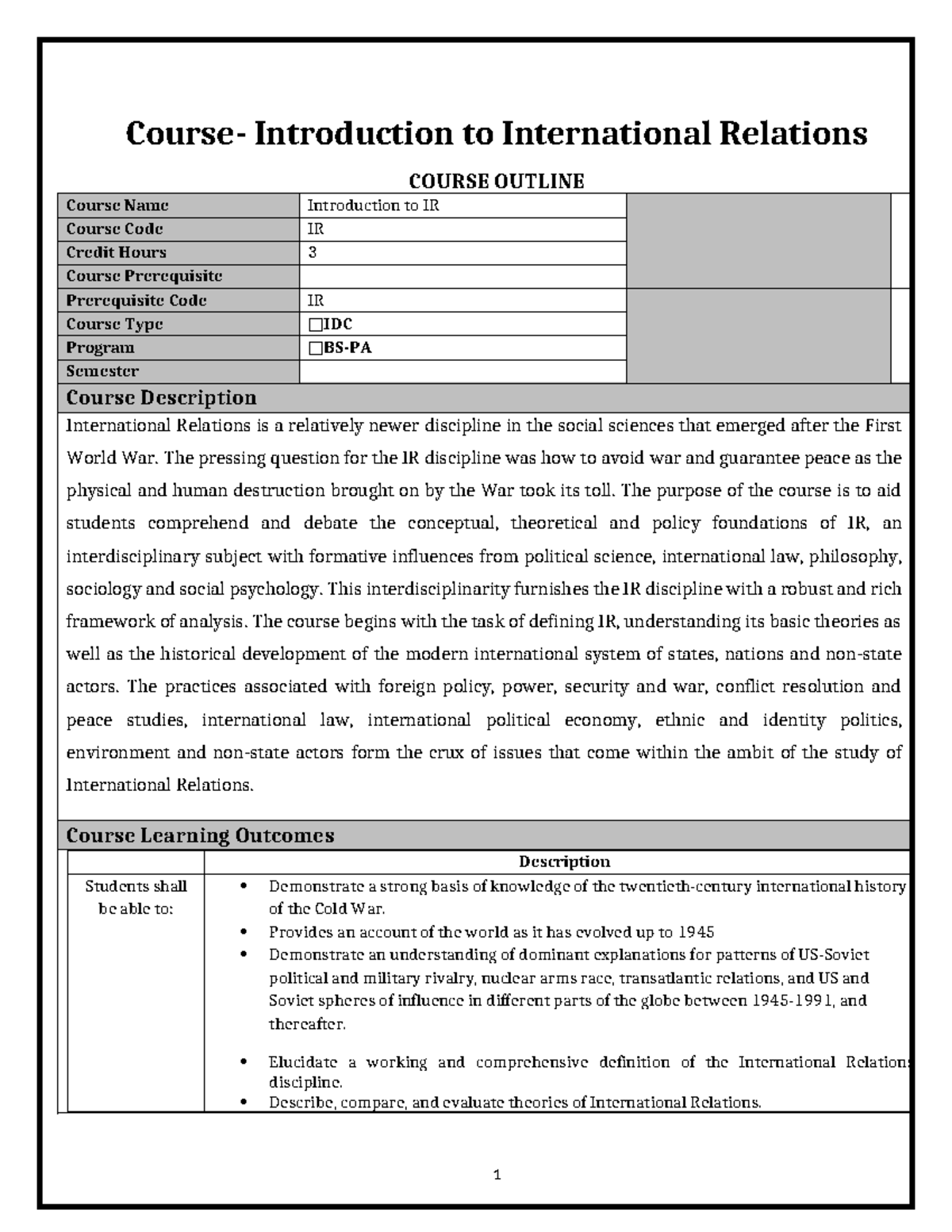 Outline-Intro to IR - Nothing - Course- Introduction to International Relations COURSE OUTLINE ...