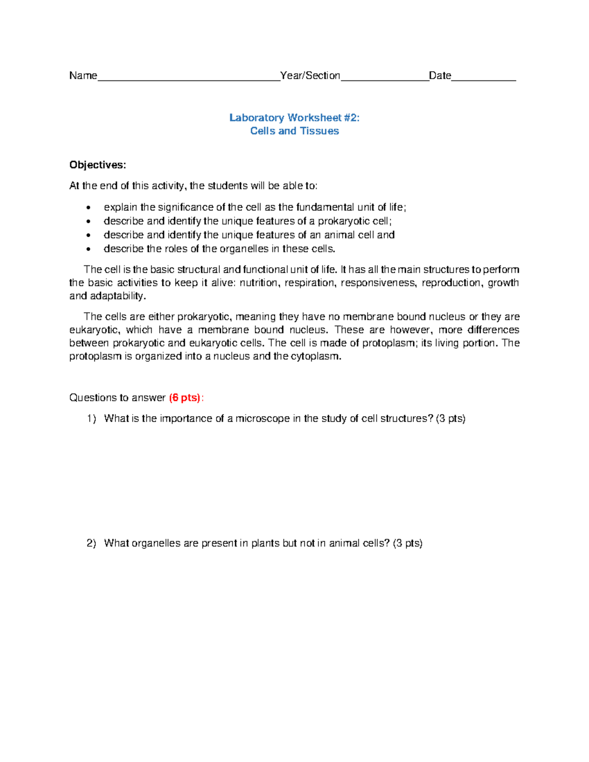 LW2 Cells & Tissues - Lesson 2 - - Studocu