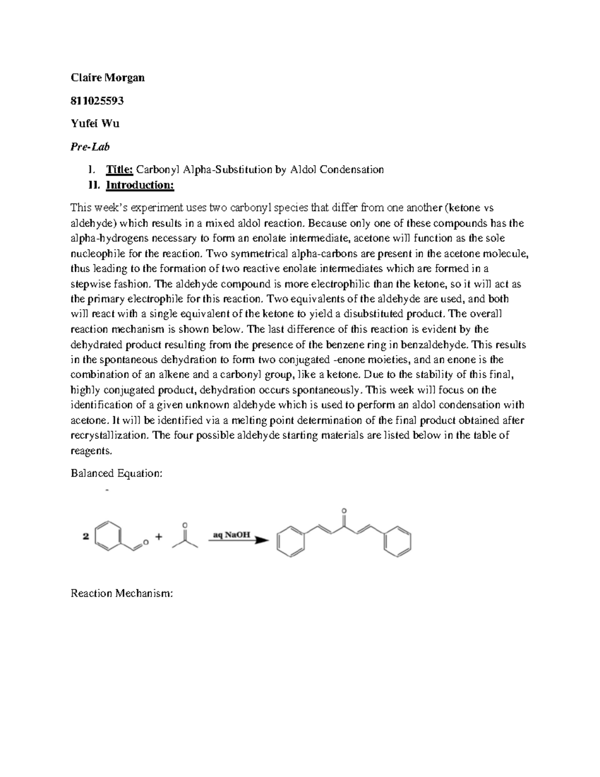 Ochem 2 experiment 9 - assignment grade A - Claire Morgan 811025593 ...