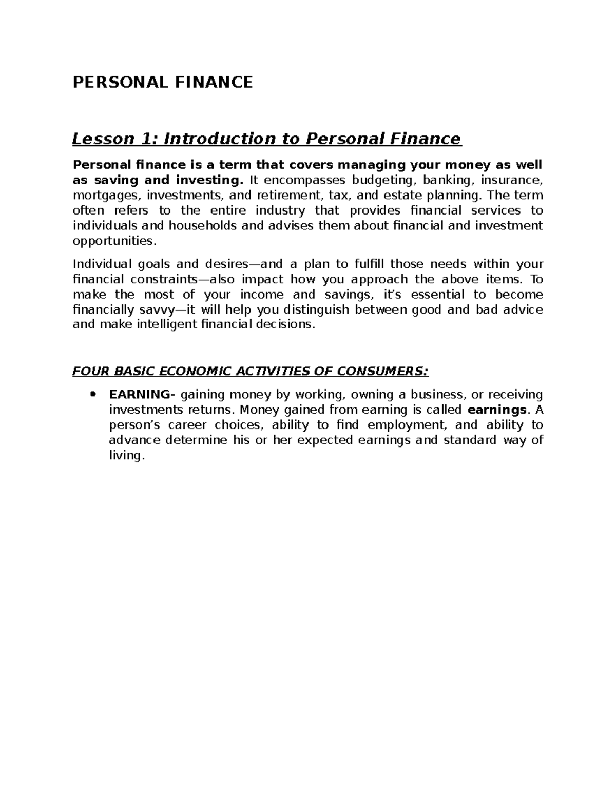Personal Finance - PERSONAL FINANCE Lesson 1: Introduction to Personal ...