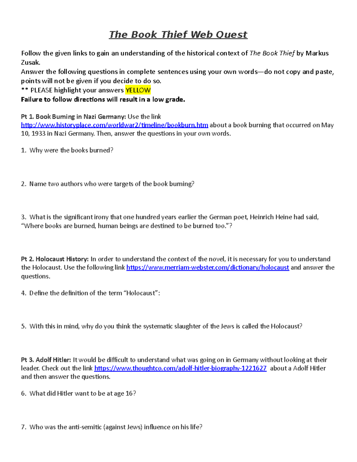 The Book Thief Web Quest - The Book Thief Web Quest Follow the given ...