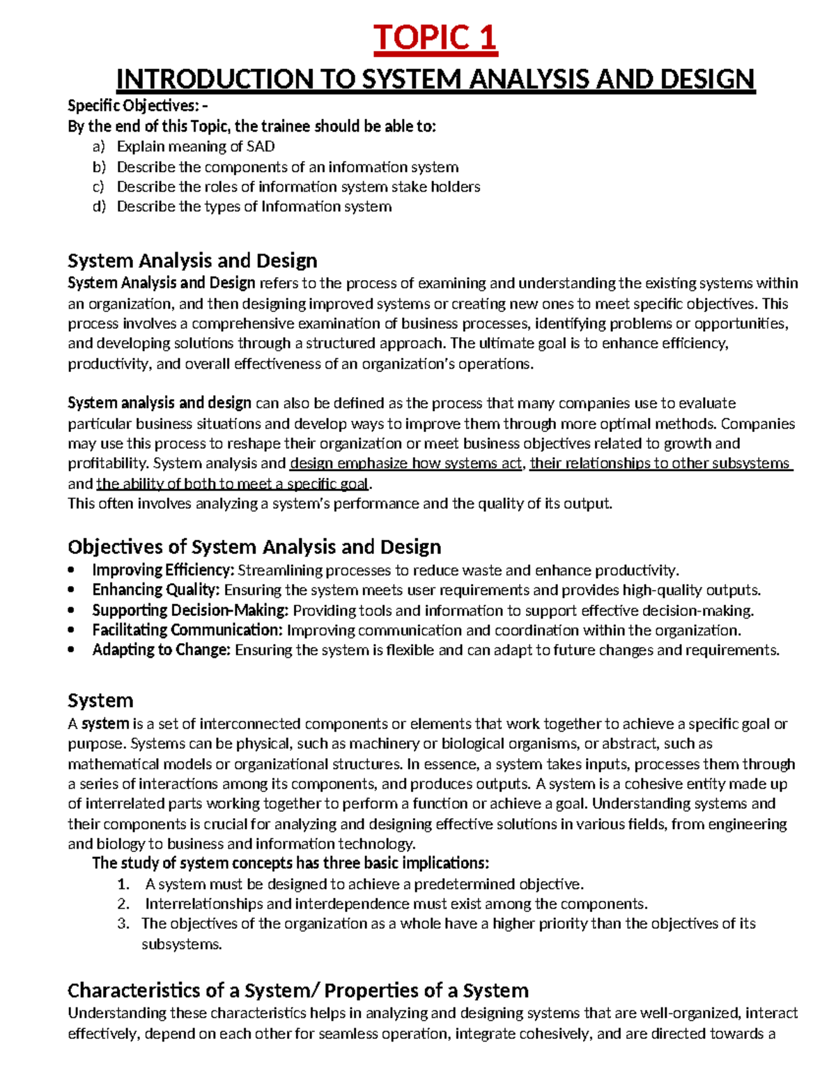 Topic 1- Introduction TO SAD - TOPIC 1 INTRODUCTION TO SYSTEM ANALYSIS AND DESIGN Specific - Studocu