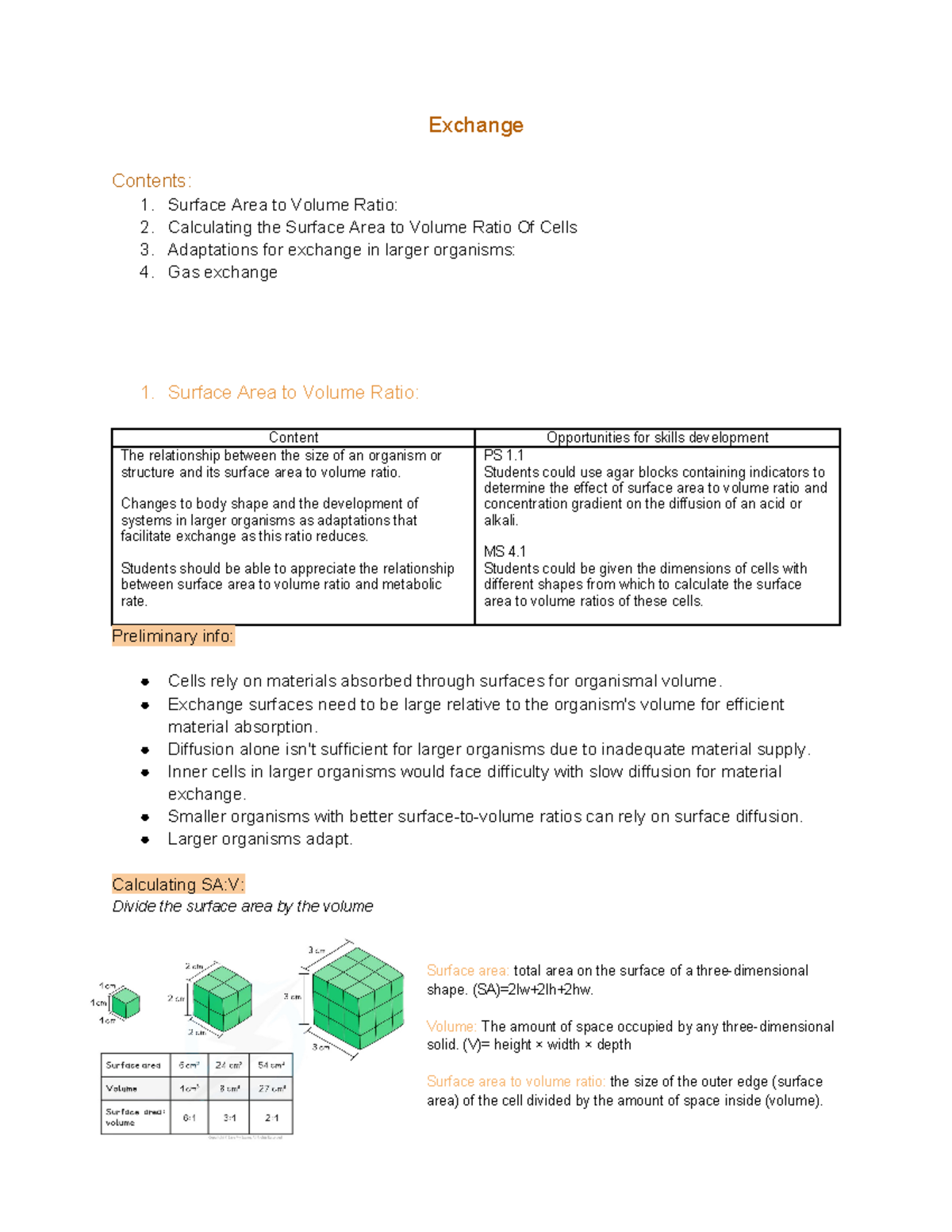 Exchange - notes - Exchange Contents: 1. Surface Area to Volume Ratio ...
