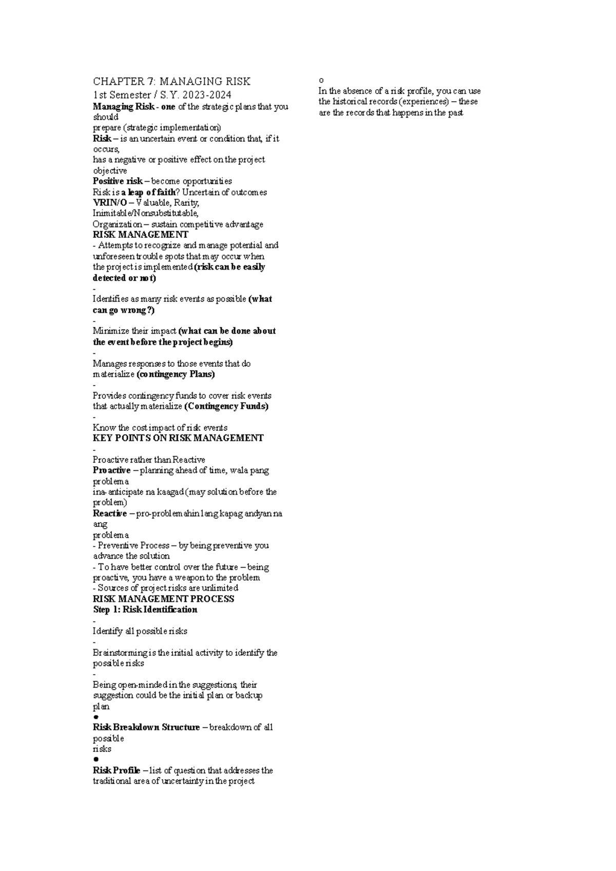 Chapter 7 - CHAPTER 7: MANAGING RISK 1st Semester / S. 2023- Managing Risk - one of the ...