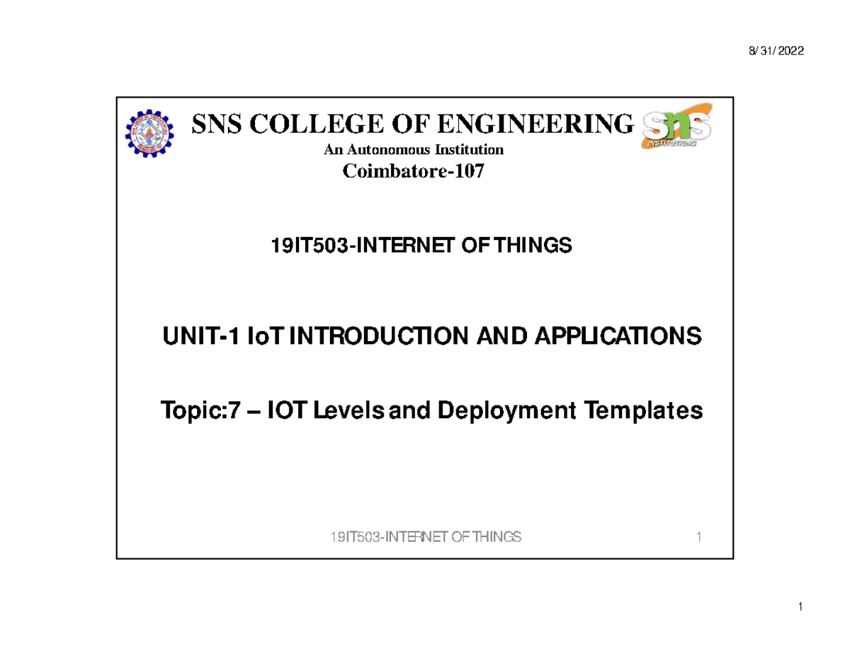 Iot levels - SNS COLLEGE OF ENGINEERING An Autonomous Institution ####### Coimbatore- 107 - Studocu