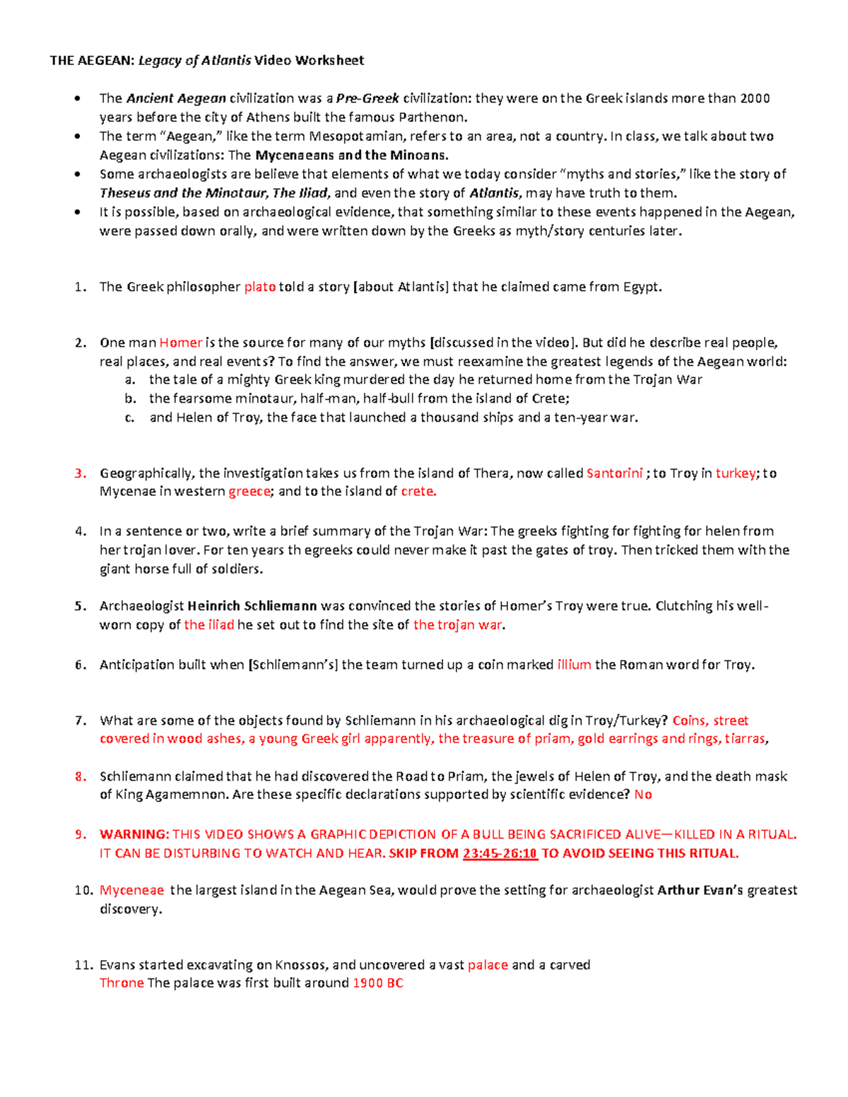 Aegean - notes - THE AEGEAN: Legacy of Atlantis Video Worksheet The ...
