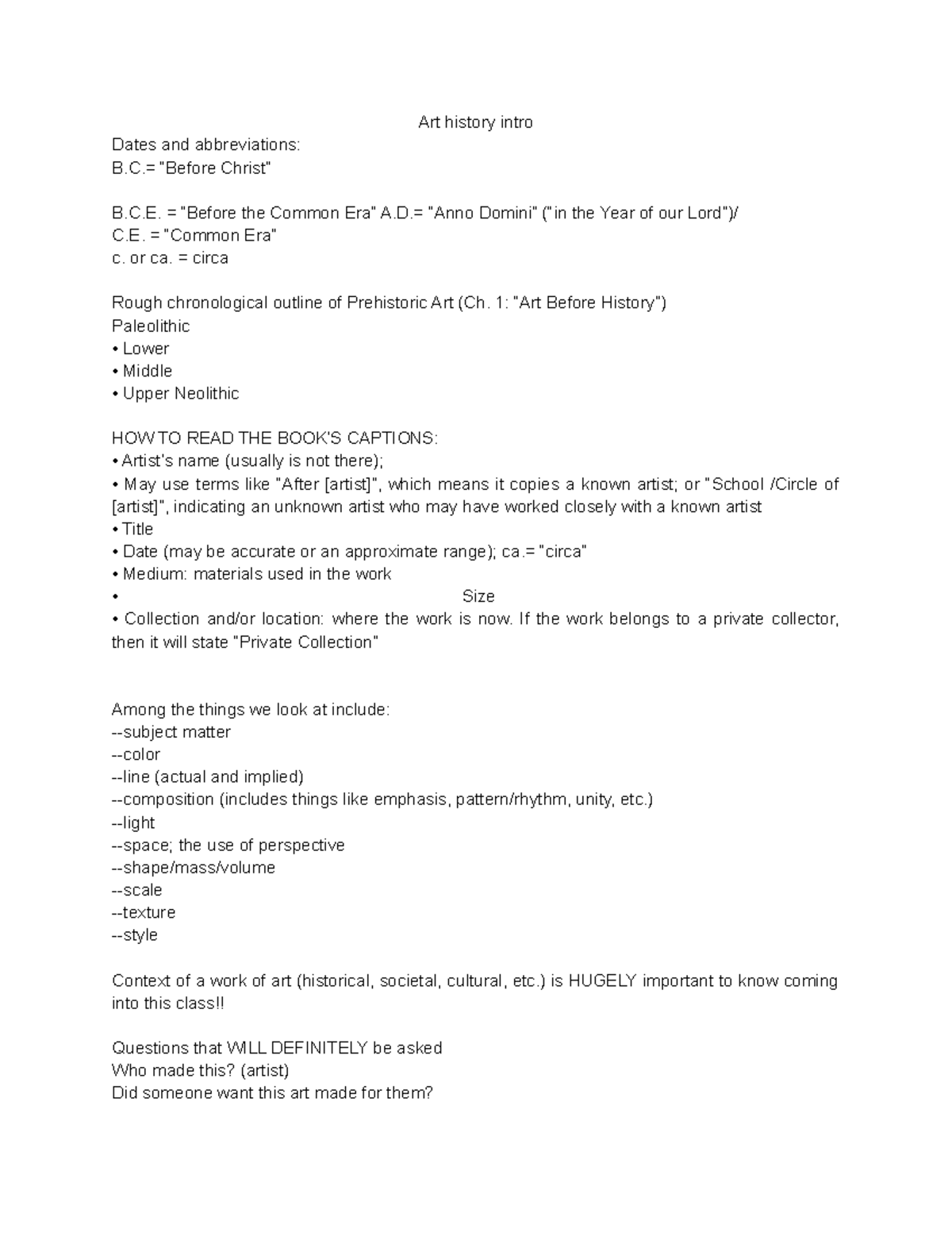 Art history intro - Lecture notes 1 - Art history intro Dates and ...