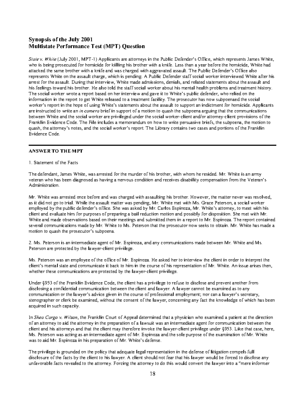 MPT State v. White Sample Answer - Synopsis of the July 2001 Multistate ...