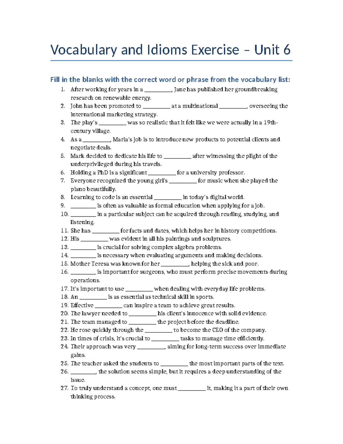 Vocabulary and Idioms Exercise Unit 6 - Vocabulary and Idioms Exercise ...