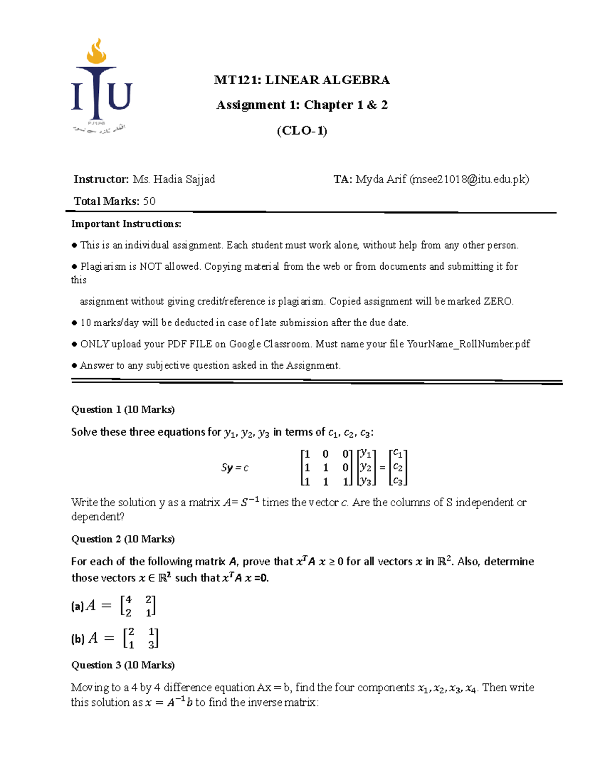 La assignment - abcdeefghijklmnop - MT121: LINEAR ALGEBRA Assignment 1 ...