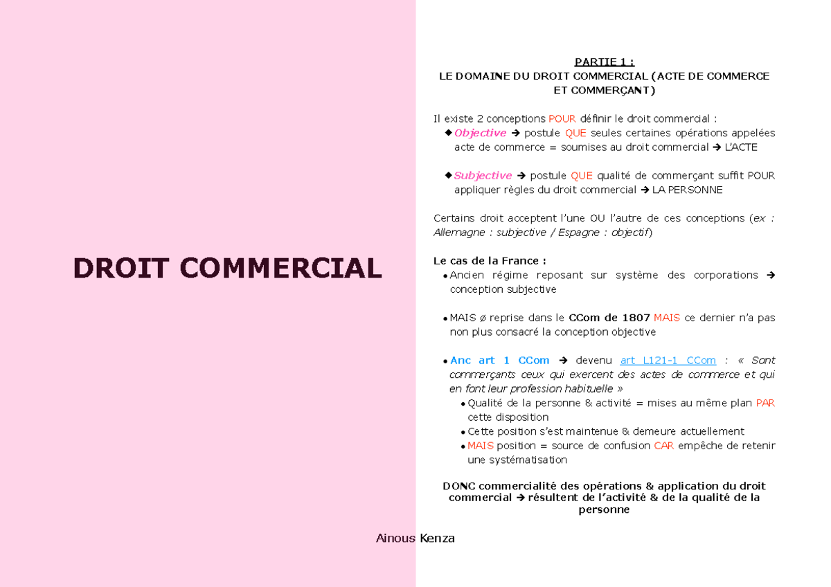 Droit commercial (fiche) - DROIT COMMERCIAL PARTIE 1 : LE DOMAINE DU DROIT COMMERCIAL (ACTE DE ...