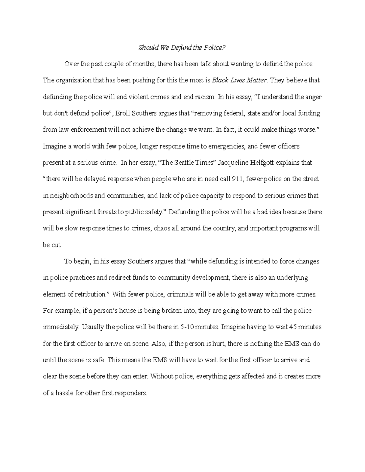 Should we defund the police Argumentative essay - Should We Defund the ...