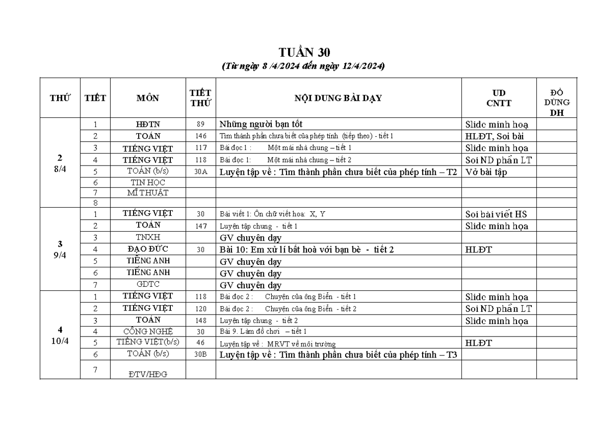 KHDH TUẦN 30 - 3a6 - cũng oke - TUẦN 30 (Từ ngày 8 /4/2024 đến ngày 12 ...
