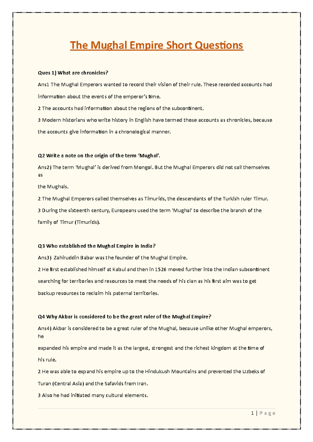 Questions On Mughal empire (with answers) - Cultural History Of Ancient ...