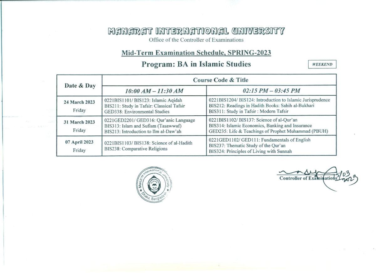 Mid-term exam schedule Spring-23 (Weekend) - MANARAT INTERNATIONAL ...