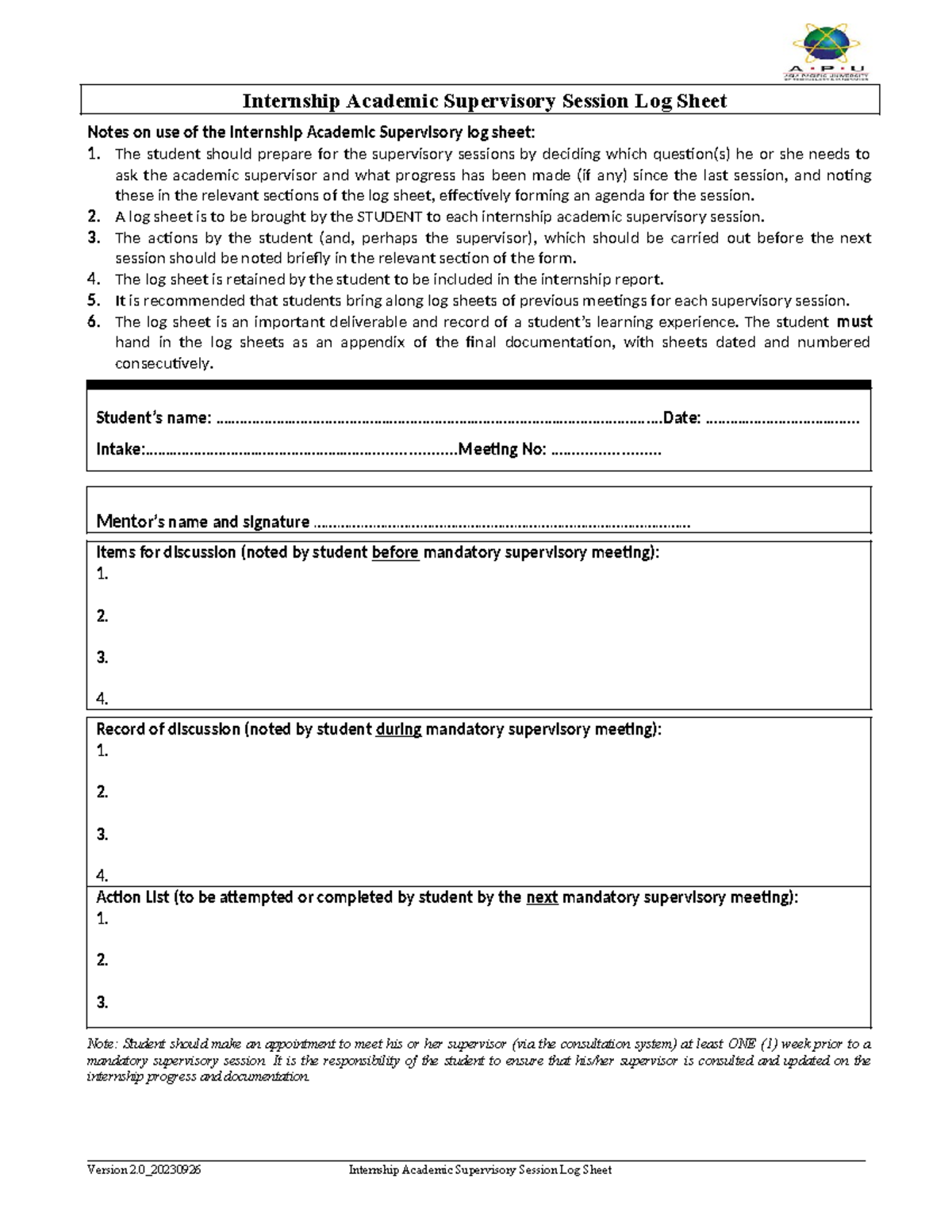 Internship Logsheet - Internship Academic Supervisory Session Log Sheet ...