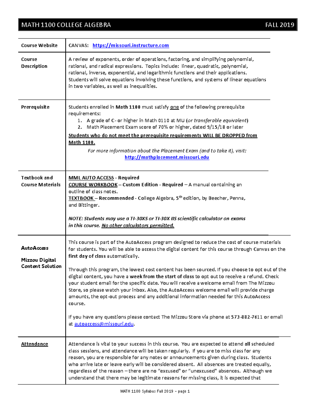 MATH1100 syllabus FS2019 - MATH 1100 COLLEGE ALGEBRA FALL 2019 Course ...